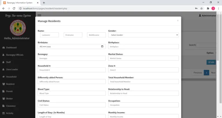 Barangay Management System Project in PHP with Source Code