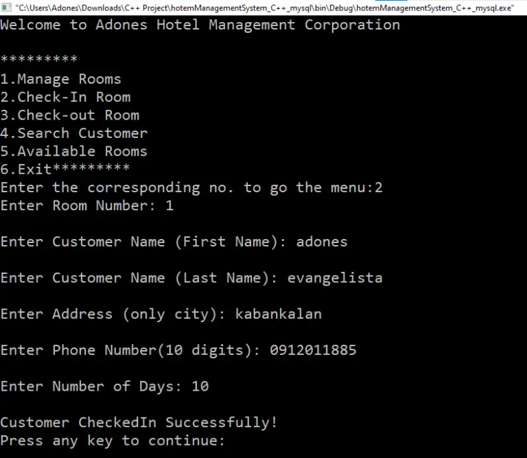 Hotel Management System Project in C++ and MySQL Database