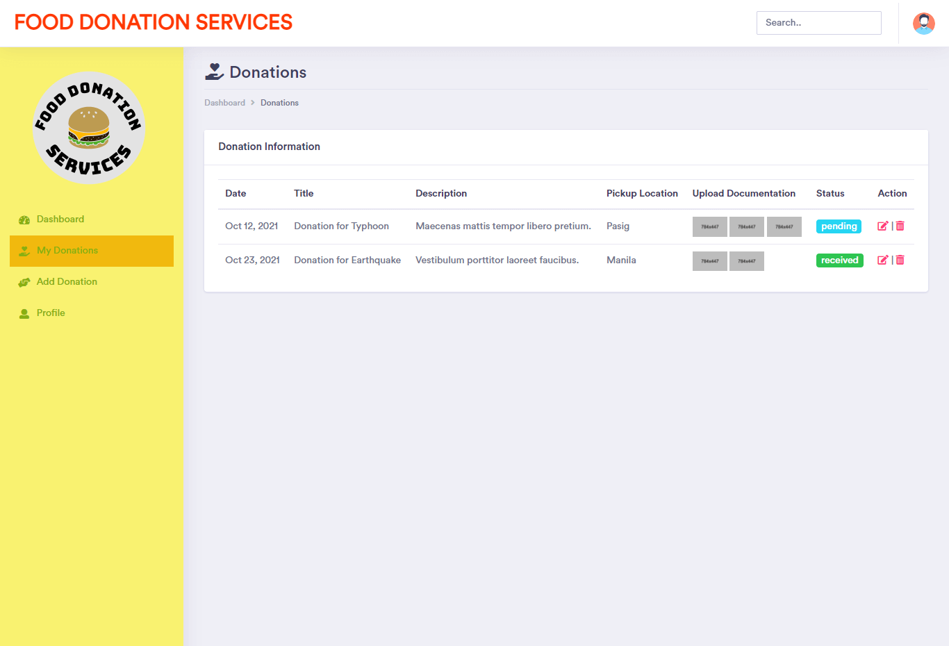 Food Donation Services System Free Bootstrap Template
