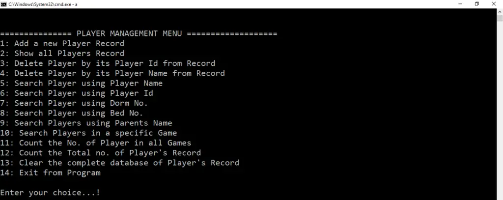Player Management System Project in C++ with Source Code
