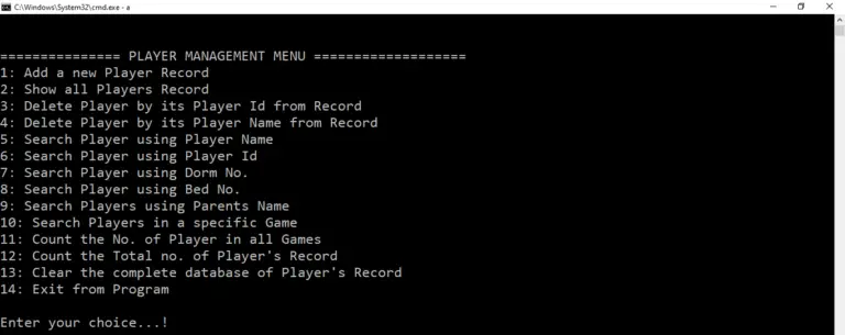 Player Management System Project in C++ with Source Code