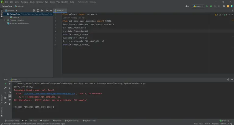 'Smote' Object Has No Attribute 'fit_sample' [SOLVED]