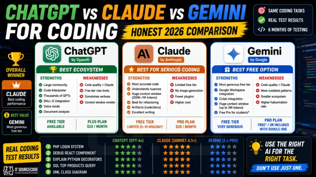 ChatGPT vs Claude vs Gemini for Coding 2026 (Honest)