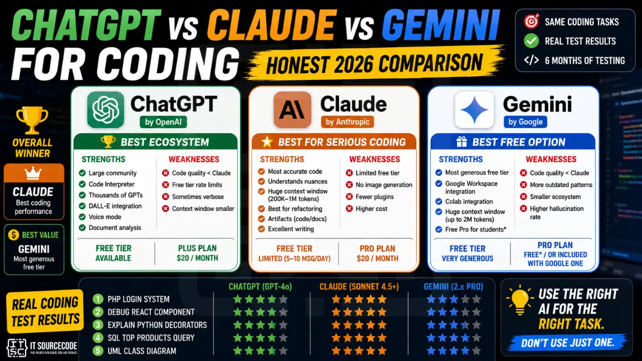 ChatGPT vs Claude vs Gemini for Coding 2026 (Honest)